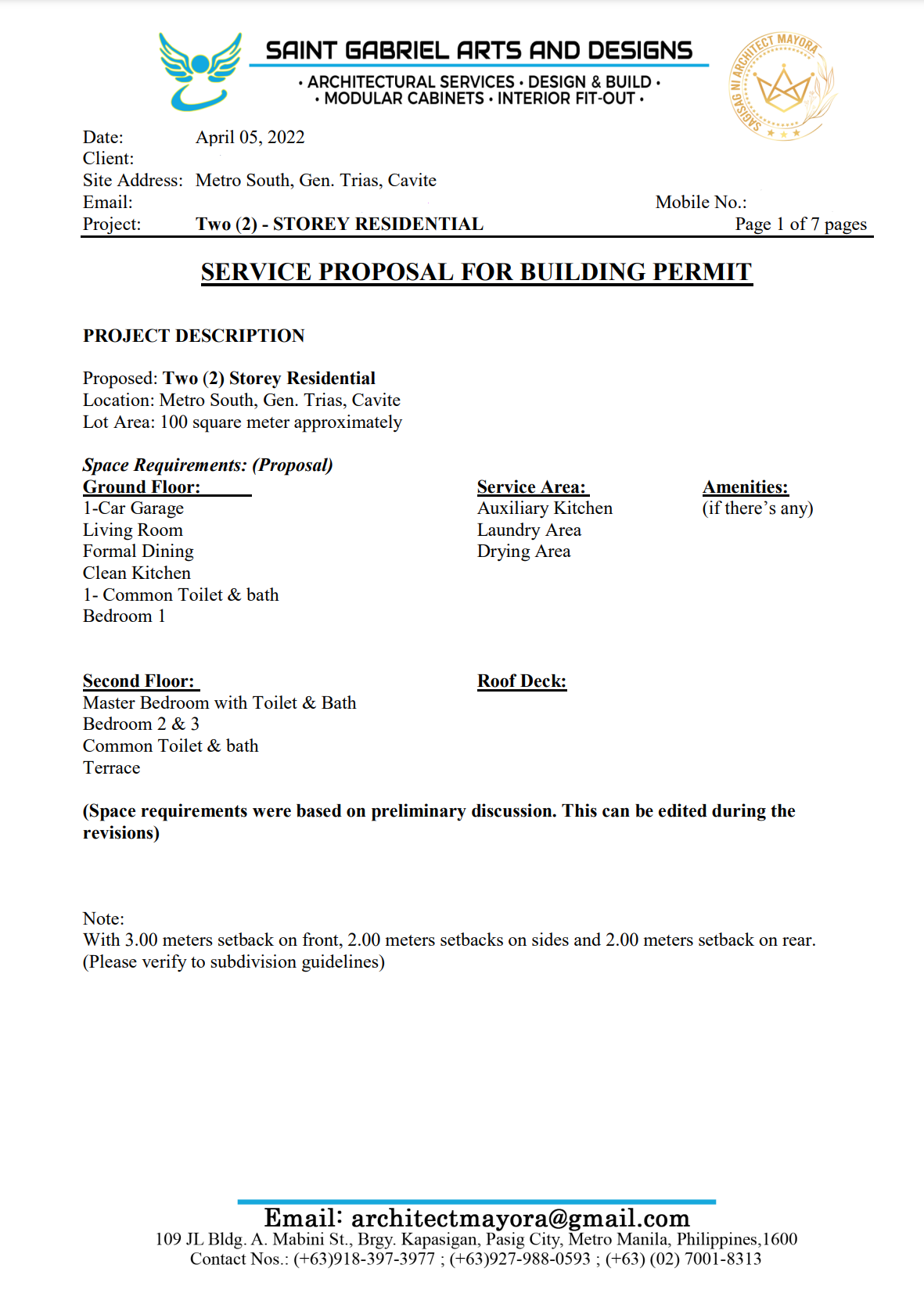 Specifications – Architect Mayora